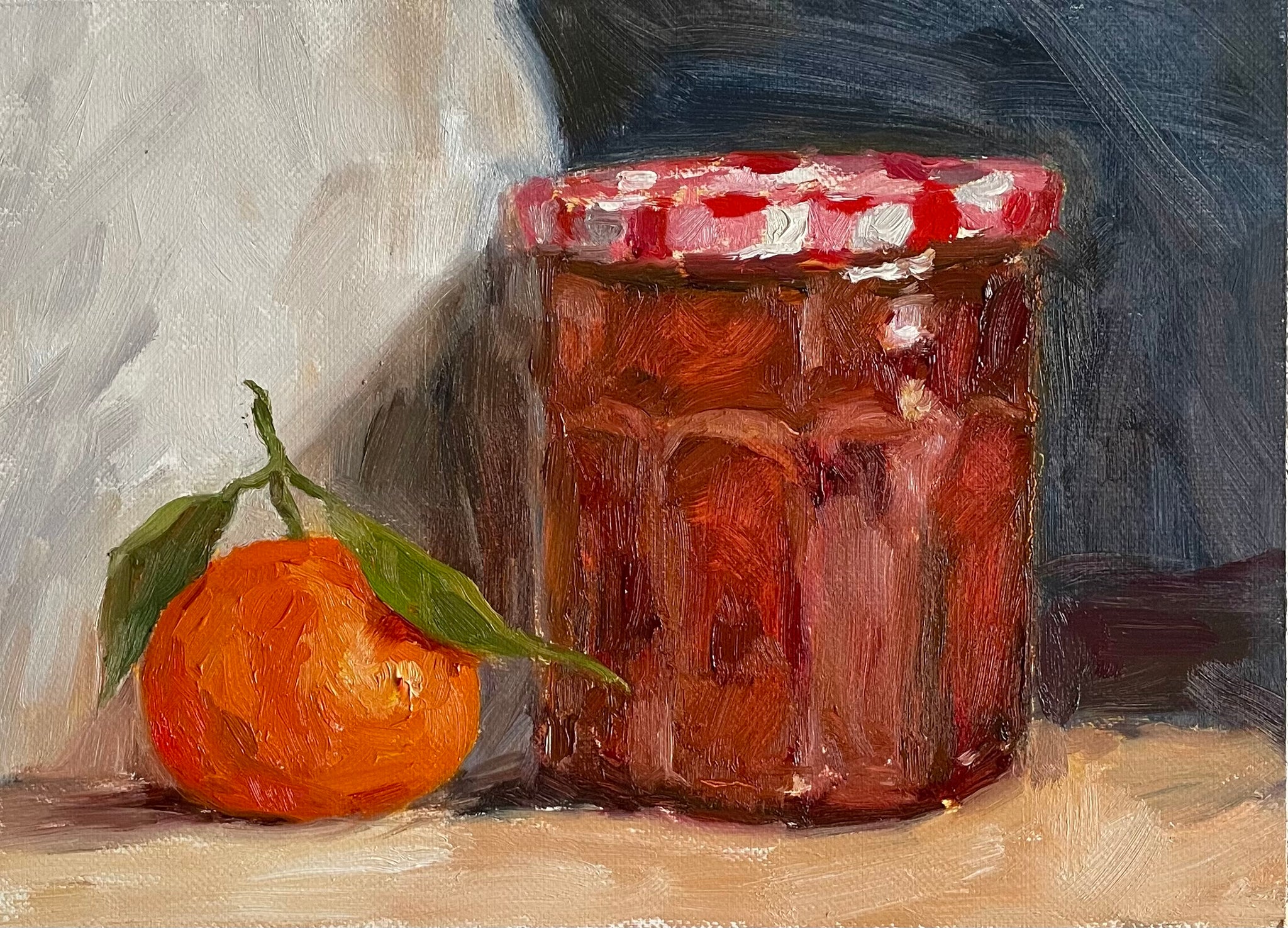 Oil painting of Home-made marmalade in Bonne Maman jar